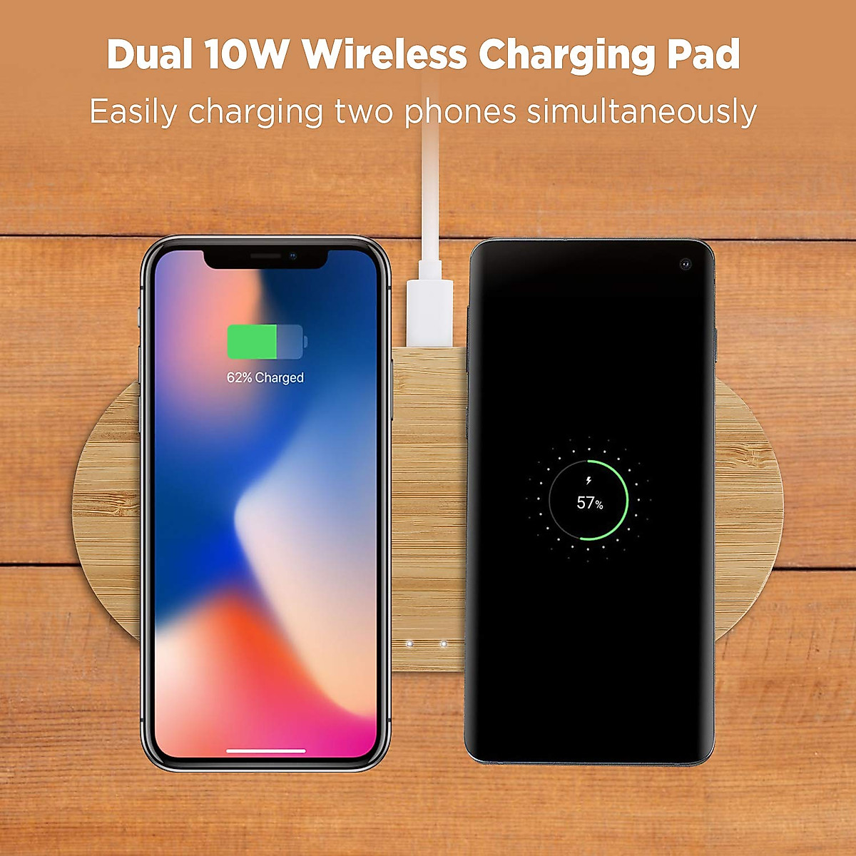 Veelink Bamboo Dual Wireless Charger, Double 10W Wireless Charging Pad Compatible iPhone SE 2020/11/Xs MAX/XR/XS/X/8/8, Samsung S20/S10/S9/S8/Note 20 (Adapter Included)