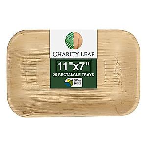 Charity Leaf Disposable Palm Leaf 11" x 7" Trays (25 Pieces) Bamboo Like Serving Platters, Disposable Boards, Eco-Friendly Dinnerware for Weddings, Catering, Events