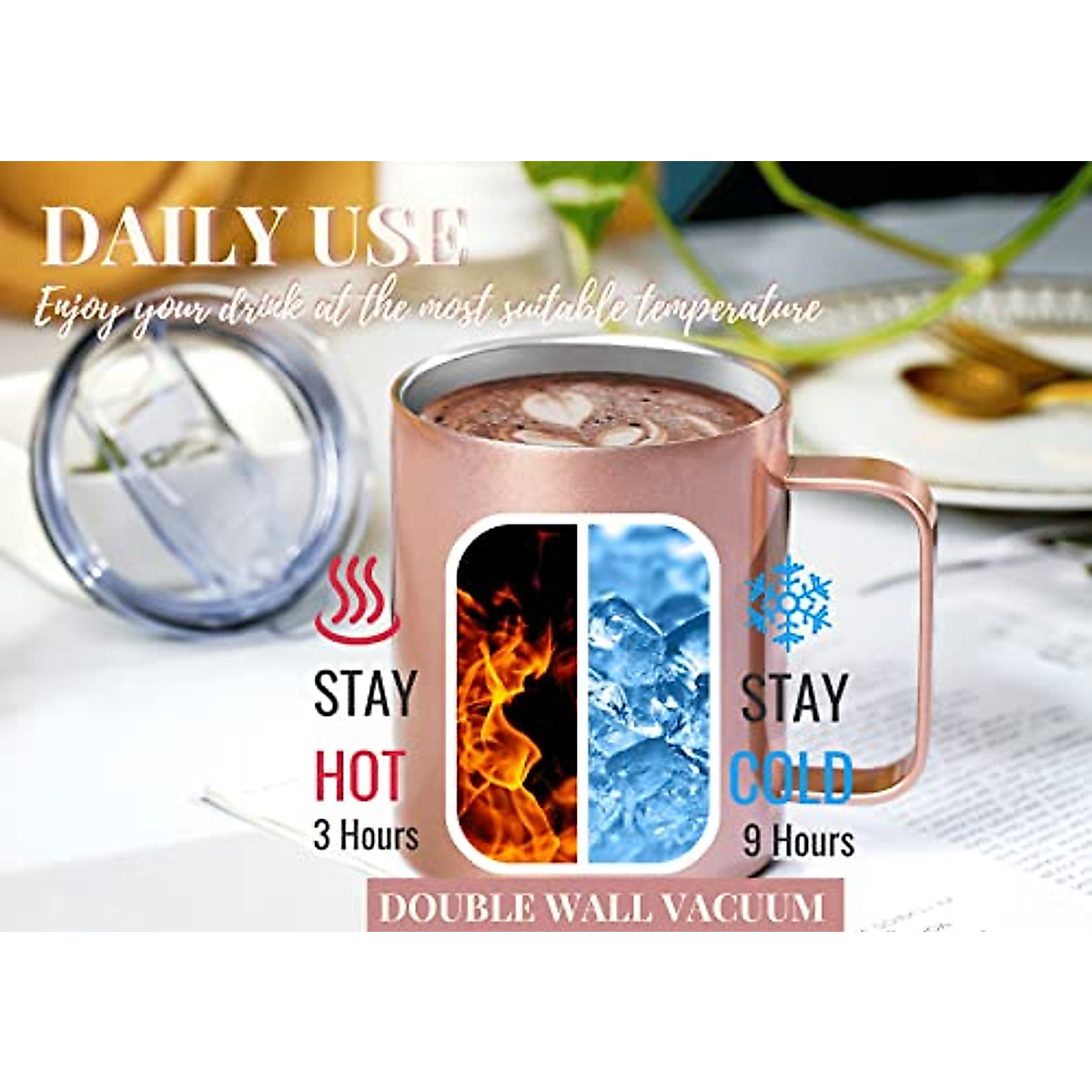 Onebttl Horse Gifts for Girls, Women, Horse Lovers, Insulated Stainless Steel Coffee Mug with Lid and Handle, Equestrians, Cowgirls Gifts for Birthday, Christmas, 12 oz, Rose Gold