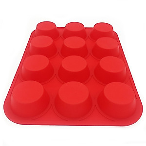 BakeWarePlus 12 Cups Silicone Muffin Cupcake Pan Baking Mold Red Non-stick Reusable and Heat Resistant