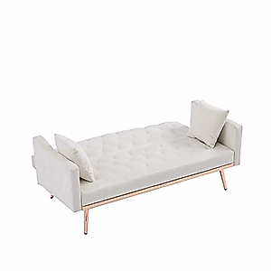 Yoglad Convertible Sofa with Pillow, Upholstered Recliner Couch, Futon Loveseat with Metal Legs, Daybed Sleeper for Living Room (White, 64" Velvet, Hill-Shaped Backrest)