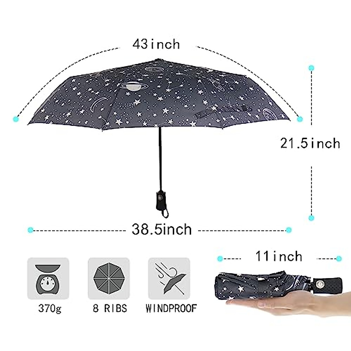 LFLFWY Compact Windproof Travel Umbrella- Large Light Automatic Open&Close Umbrellas for Rain,Triple Canopy Vented Portable Umbrellas for Men Women ,Strong Wind Resistant Folding Umbrella 10 Ribs (Starry Sky)