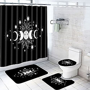 Geometry Suns 4 Piece Shower Curtain Sets for Bathroom Triple Moon Pagan Wiccan Goddess Symbol Phases Suns Orbits with Shower Curtain Toilet Cover Floor Mat Accessories 72 X 72 Inch Length
