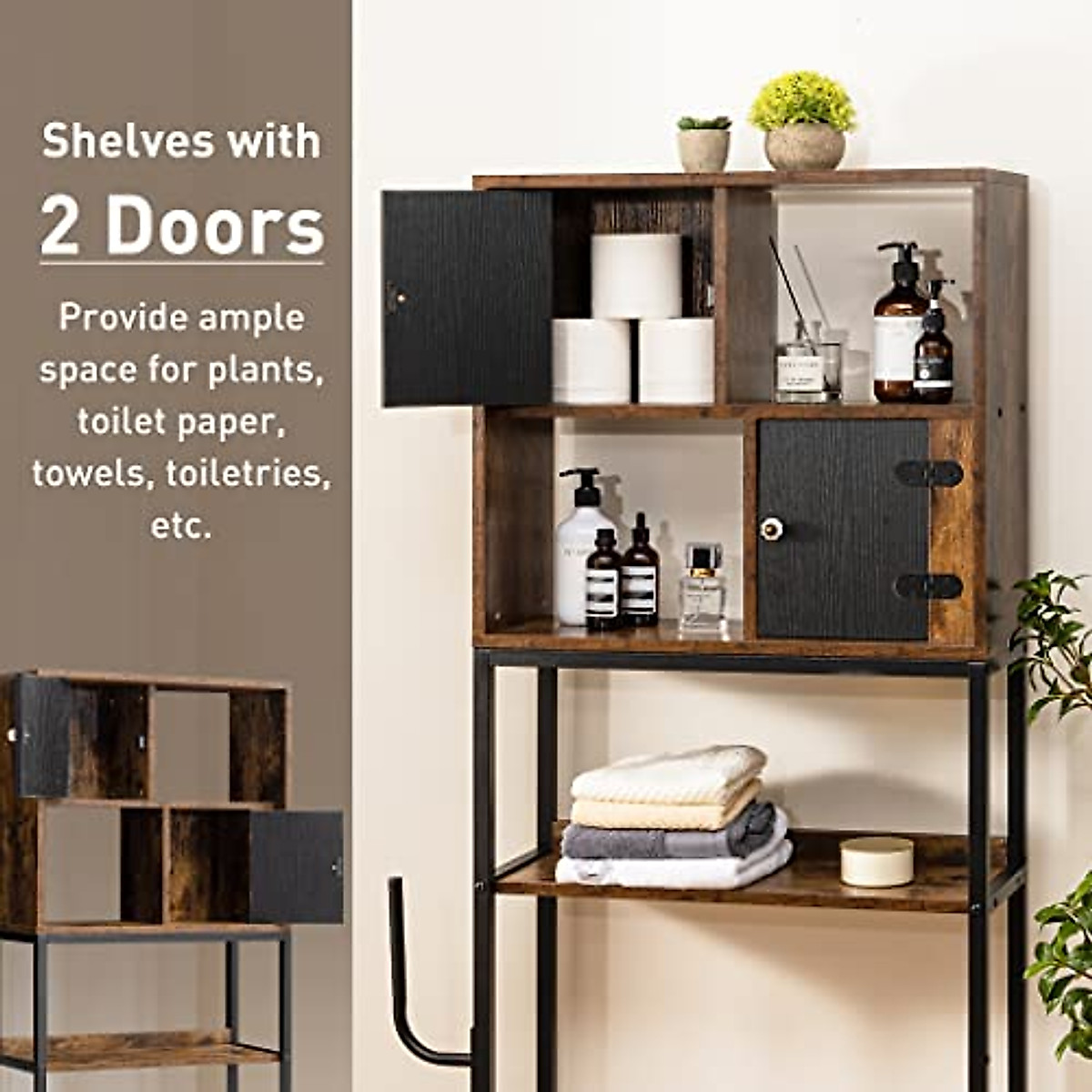 Becko US Over The Toilet Storage Rack with Cabinet, 4-Tier Freestanding Bathroom Storage Organizer Shelf with Toilet Paper Holder