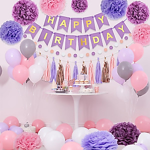 RUBFAC Purple Pink Birthday Party Decorations Set with Happy Birthday Banner, Tissue Paper Pompoms, Tassel Garland, and Circle Dots Garland Purple Birthday Decorations for Women Girls
