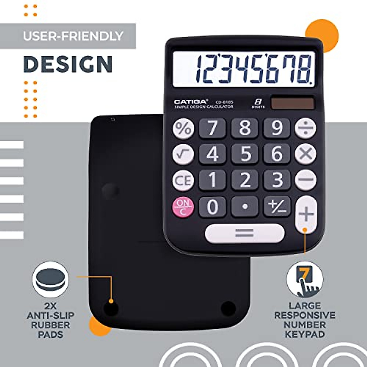 Desktop Calculator 8 Digit with Solar Power and Easy to Read LCD Display, Big Buttons, for Home, Office, School, Class and Business, 4 Function Calculators, with Battery, CD-8185