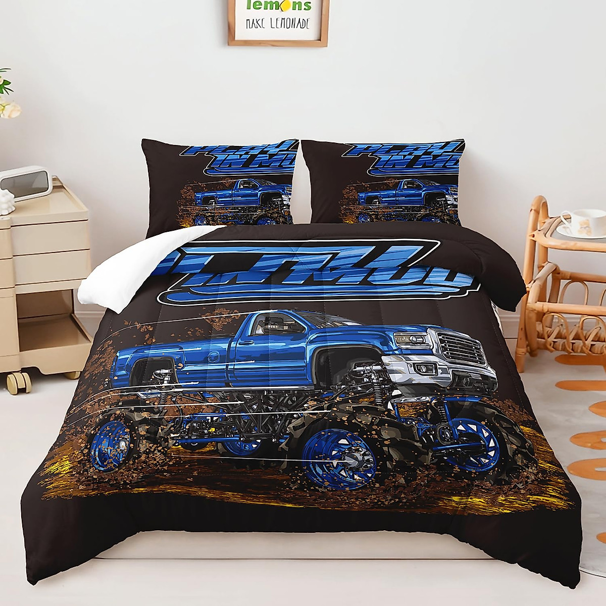 AILONEN 3D Truck Printed Kids Twin Comforter Set,Monster Truck Bedding Set for Boys Men,Blue Giant Truck Comforter with 2 Pillowcases,3-Piece Breathable