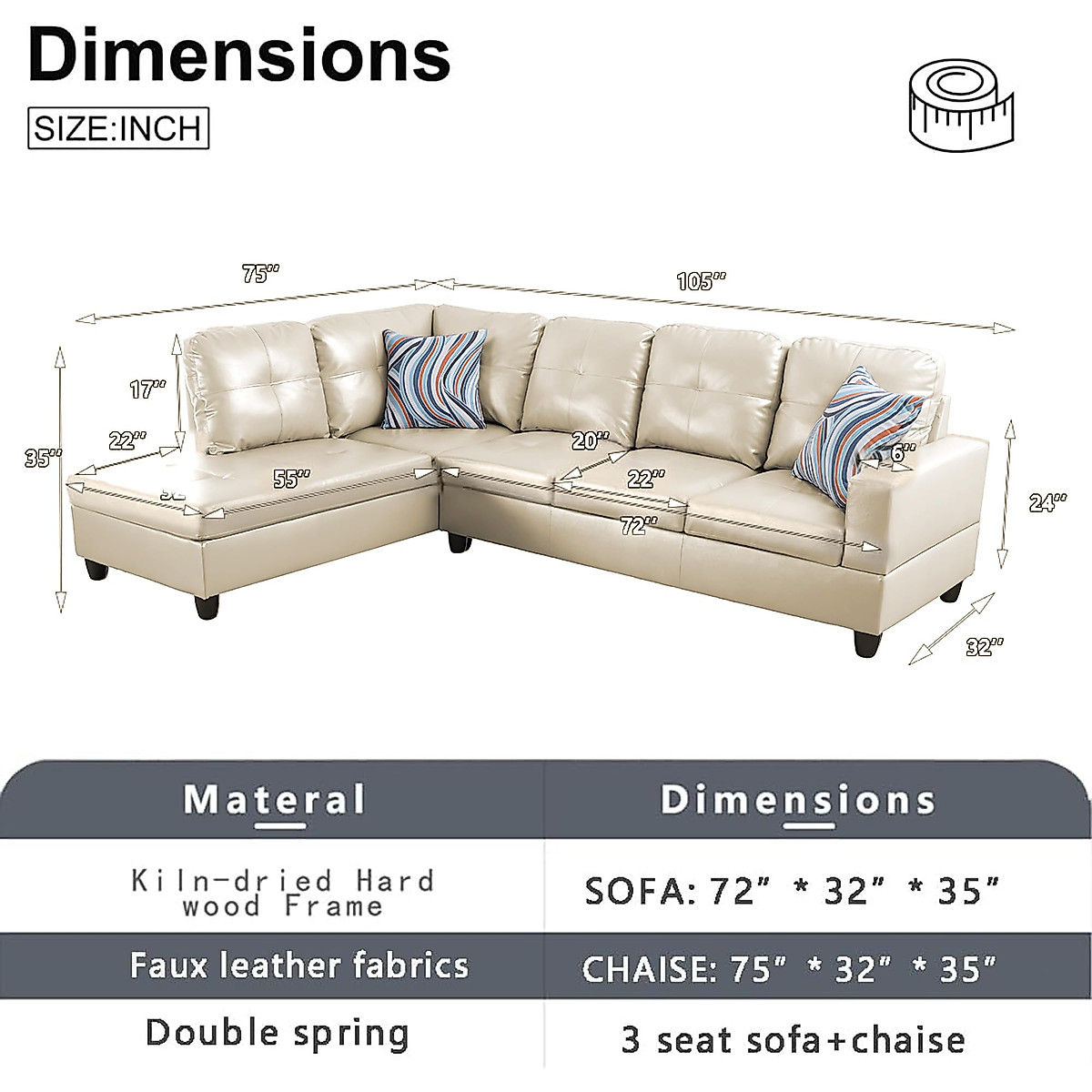 SumKea L-Shaped Sectional Sofa Set 5-Seat Luxurious Faux Leather Couches for Living Room, Left Facing Chaise with Pillows, Space-Saving Design, Latte