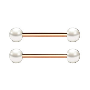 14G Stainless Steel Nipple Rings Solid Pearl Balls Straight Barbell Bars Tongue Ring 16mm(5/8 Inch) Body Piercing Jewelry
