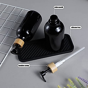 Set of 2, 16 Oz Dish Soap Dispenser for Kitchen Sink with Bamboo Pump, Black Plastic Kitchen Soap Dispenser Set with Black Silicone Tray