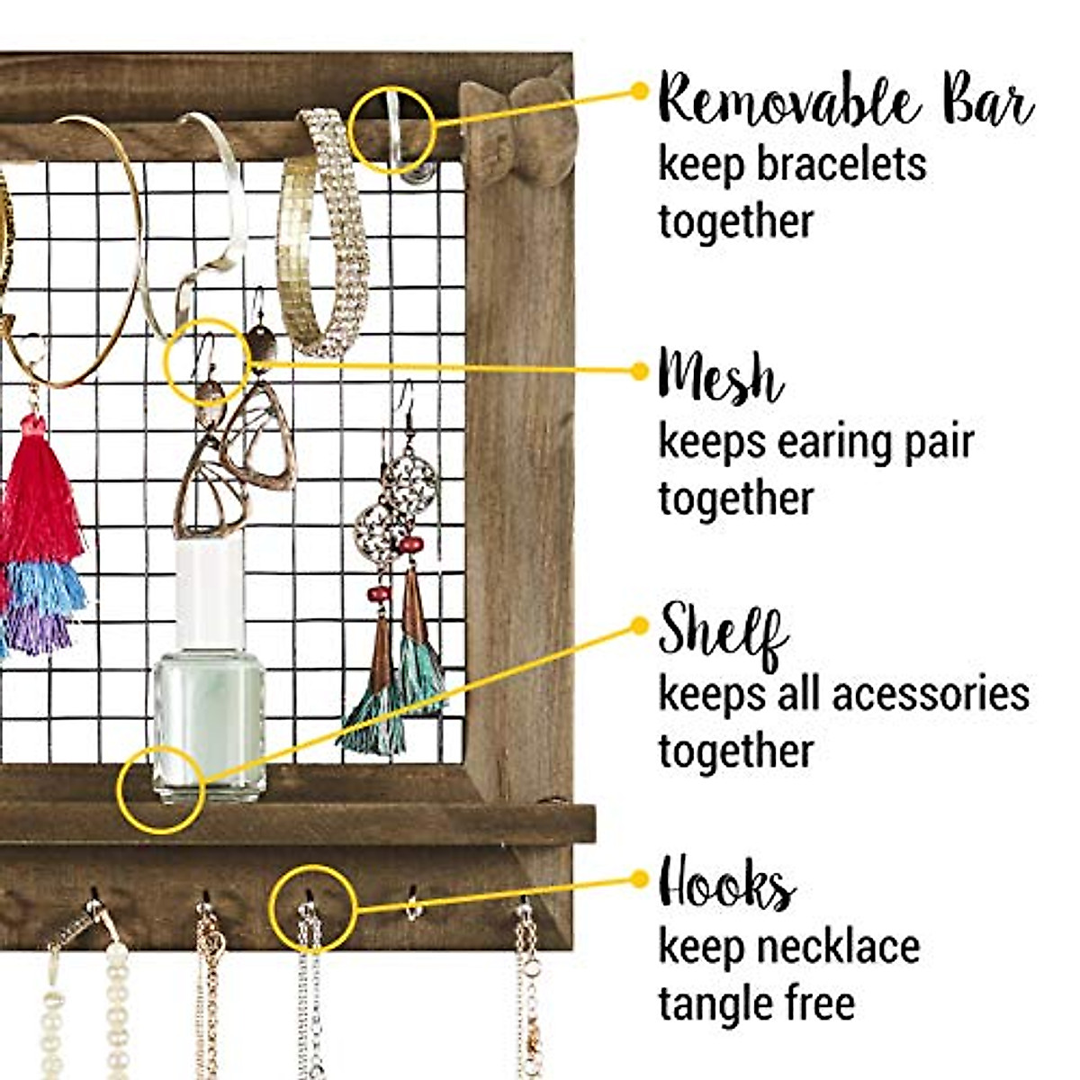 SoCal Buttercup Rustic Jewelry Organizer with Bracelet Rod Wall Mounted - Wooden Wall Mount Holder for Earrings, Necklaces, Bracelets, and Many Other Accessories