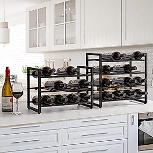 IBUYKE Wine Rack, Stackable Wine Storage Shelf, Liquor Bottle Holders, 3 Tier for 12 Bottles, Inserts for Cabinet, Countertop, Pantry, Bar, Small Space, Study Steel Water Bottle Organizer TMJ906H