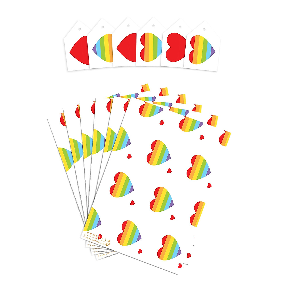 CENTRAL 23 Rainbow Wrapping Paper - 6 Sheets Colorful Gift Wrap - Heart Wrapping Paper For Women Men Gay - For Valentine Anniversary - Comes With Fun Stickers