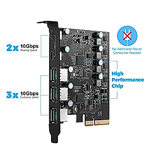 PCIe to USB 3.2/3.1 Gen 2 Card with 10Gbps SuperSpeed 5-Port (2X USB-C - 3X USB-A) PCI Express Expansion Card PC Internal USB hub for Windows 11/10/8/7 and MAC OS