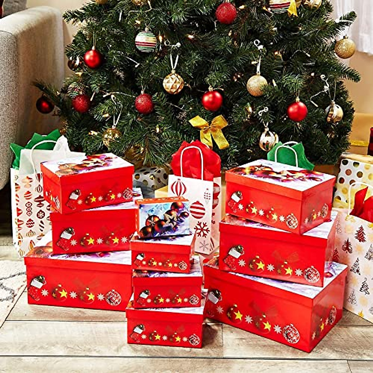 Bright Creations 10 Pack Christmas Nesting Gift Boxes with Lids for Presents, Decorative Nested Holiday Gift Wrap, Share the Holiday Joy with Festive Stackable Christmas Gift Boxes (10 Sizes), Red