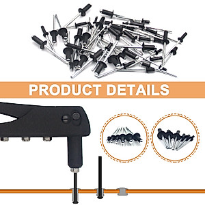 ISPINNER 225pcs Black Aluminum Blind Rivets Assortment Kit with Heavy Duty Hand Riveter Rivet Gun Tool, 6 Sizes Pop Rivets with Divider & Labeled Case