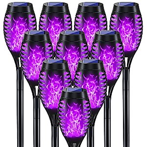 Purple Outdoor Halloween Decorations, 10Pack Solar Halloween Lights Outdoor with Flickering Flame,Solar Tiki Torches for Outside Christmas Decorations, Solar Lights Outdoor Waterproof for Yard Pathway