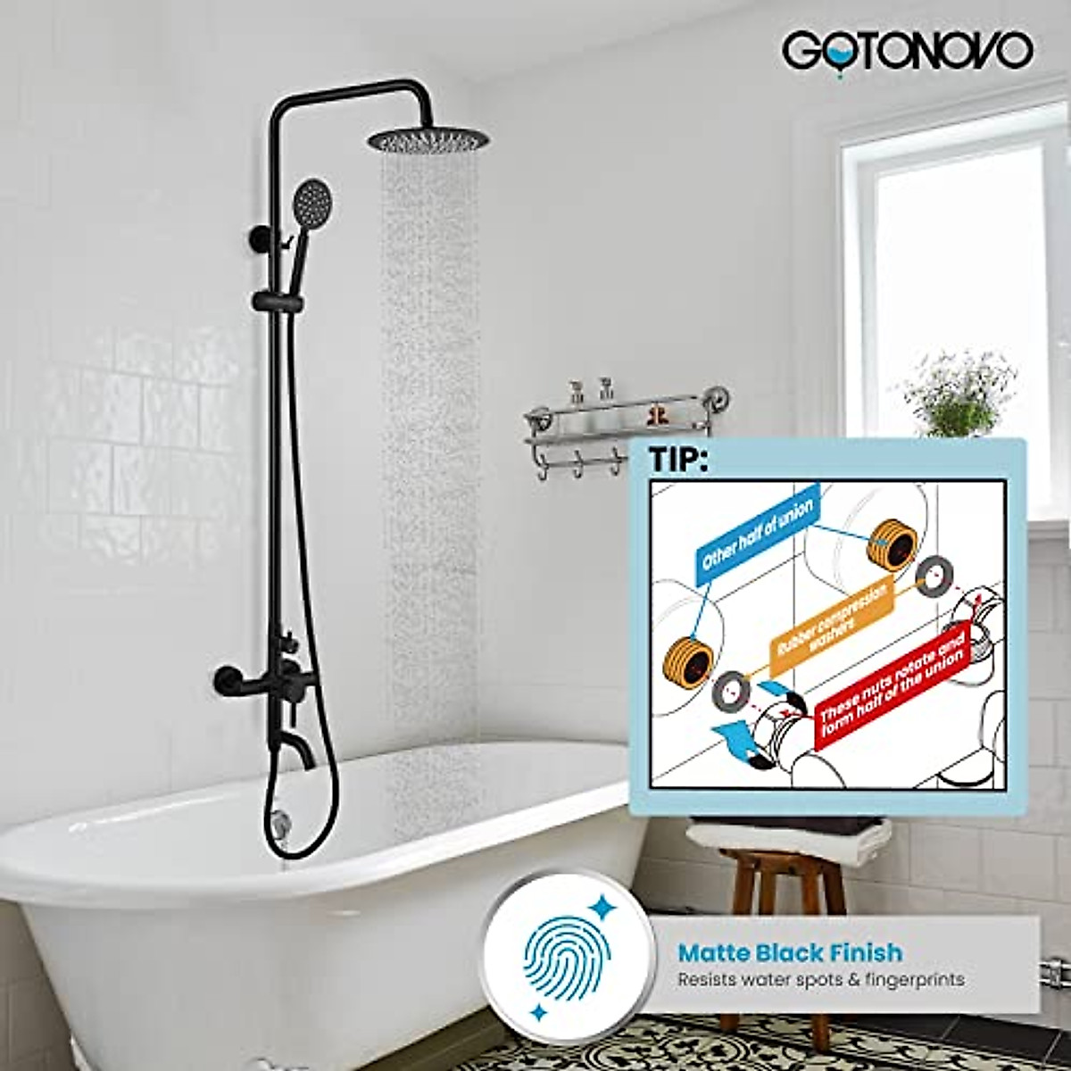 gotonovo Shower faucet Set Matte Black Triple Function with Adjustable Hand Sprayer and Tub Spout SUS 304 Stainless Steel 8 Inch Rainfall Shower Head Bathroom Shower Fixture Wall Mount Complete Set