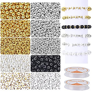 1800Pcs Jewelry Beads Making Set, Silver & Gold Round Spacer Beads 3 Sizes Smooth Loose Ball Beads Alphabet Pearls Beads and 2 Rolls Elastic String for DIY Craft Making Supplies