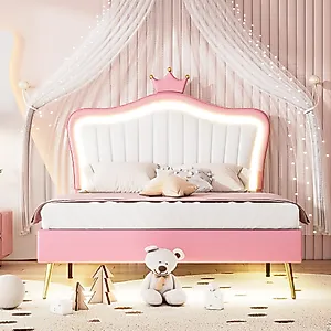 Harper & Bright Designs Full Size Princess Bed with Crown Headboard and LED Lights, PU Upholstered Full Platform Bed with Adjustable Headboard, Kids Full Size Bed Frame for Boys Girls (White+Pink)