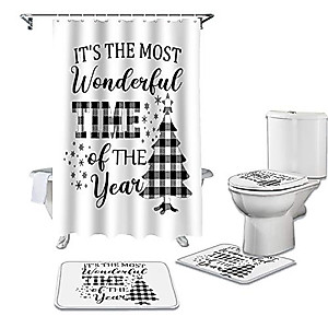 4 Pcs Shower Curtain Sets with Non-Slip Rugs, Toilet Lid Cover, Bath Mat Buffalo Black White Plaid Christmas Tree Snowflake Bathroom Decor Shower Curtain with 12 Hooks Waterproof Polyester Fabric