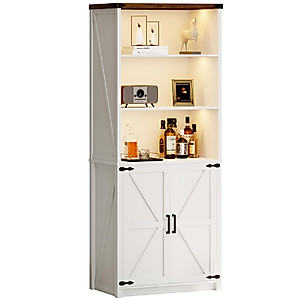 HWB White Tall Bookcase with Doors and Shelves, Farmhouse Vintage Bookshelf with Led Lights and Storage Cabinet, Wood Display Book Cases for Bedroom, Living Room, Study