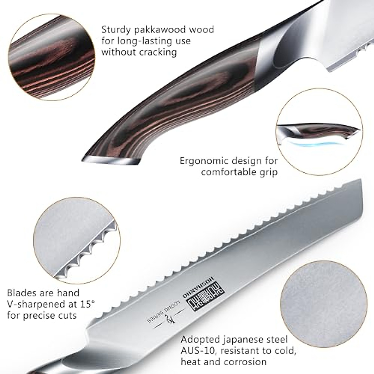 HOSHANHO Bread Knife 8 inch, Japanese AUS-10 High Carbon Stainless Steel Serrated Bread Knife, Professional Bread Cutting Knife for Homemade Bread