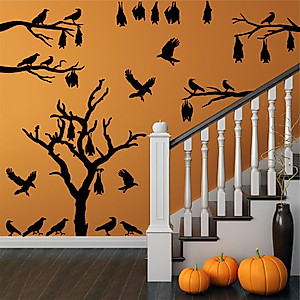 Large Halloween Window Stickers Halloween Tree Wall Decals Bats Stickers Black Bird Crow Decals Peel and Stick Vinyl Halloween Tree Branch Wall Art Sticker Halloween Wall Decor for Party Supplies Gift