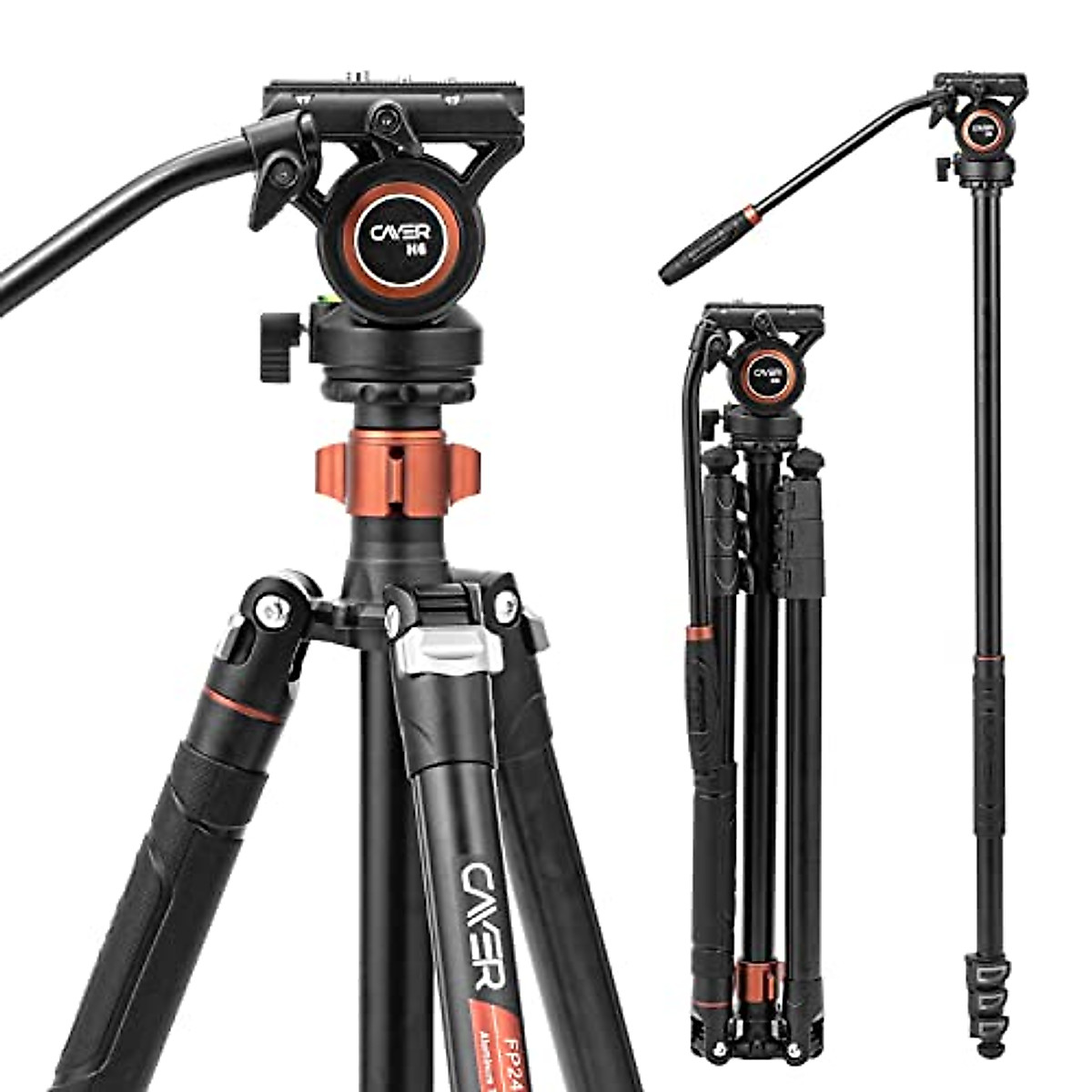 Cayer FP2450 Fluid Head Tripod, 75 inches Aluminium Tripod, 4-Section Compact Camera Tripod Convertible to Monopod for DSLR Camera, Load Capacity up to 13.2 Pounds