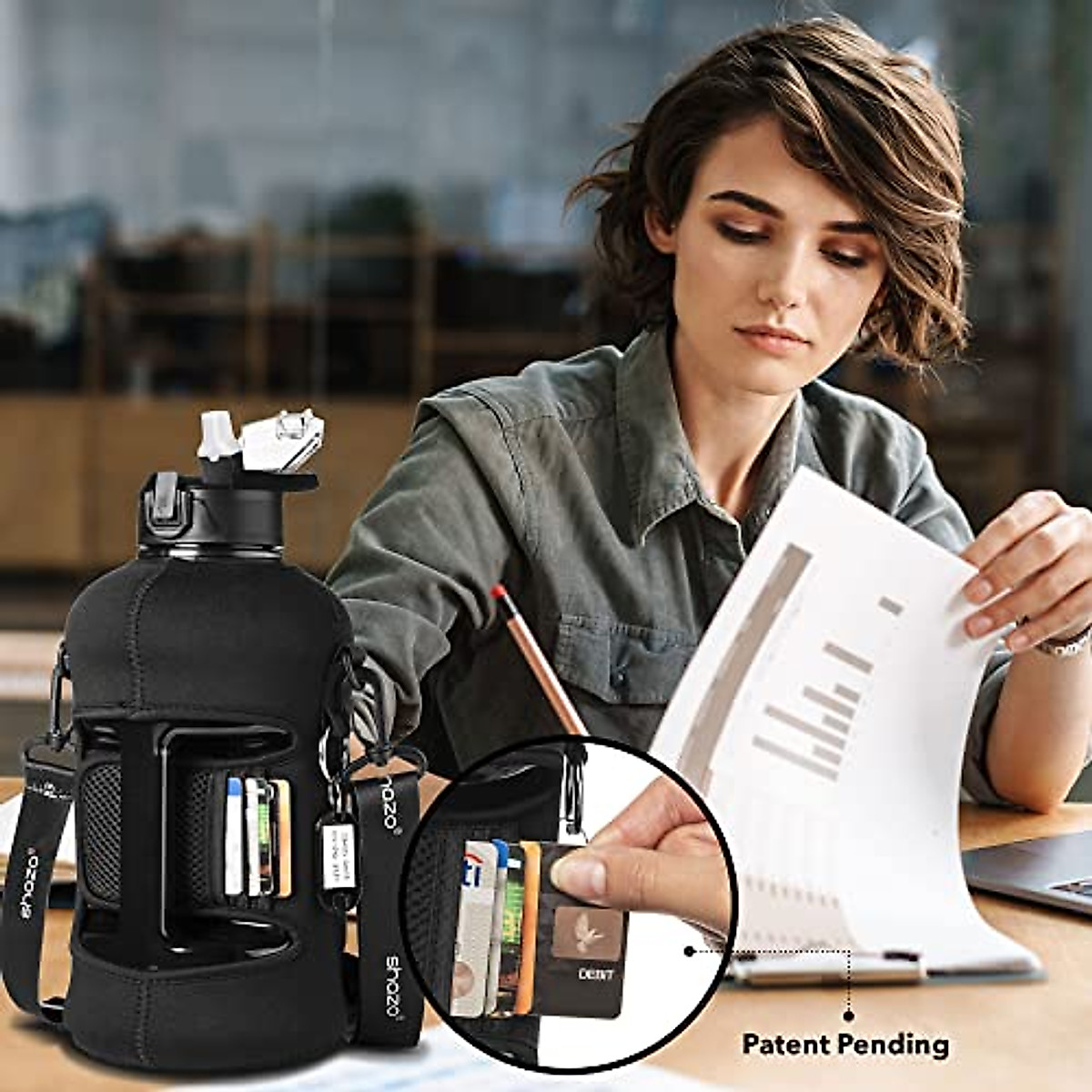 Half Gallon 2.2L Sports Water Bottle With Straw and Built In Wallet 74oz Large Gym Drink Container, Storage Sleeve, Bottle Brush, Phone Pocket - BPA Free Big Jug, Carry Handle Aesthetic Look - Black