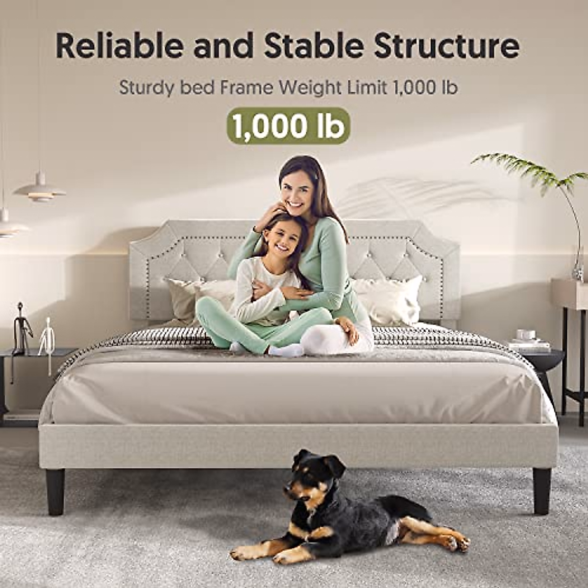 BONSOIR King Size Bed Frame Upholstered Low Profile Traditional Platform with Tufted and Nail HeadboardLinen Fabric Upholstery Color of Sand (Sand, King Size)