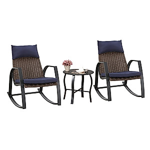 ARTLOFT 3 Piece Rocking Bistro Set Wicker Patio Outdoor Furniture Porch Chairs Conversation Sets with Coffee Table for Balcony, Garden, Backyard (Blue)