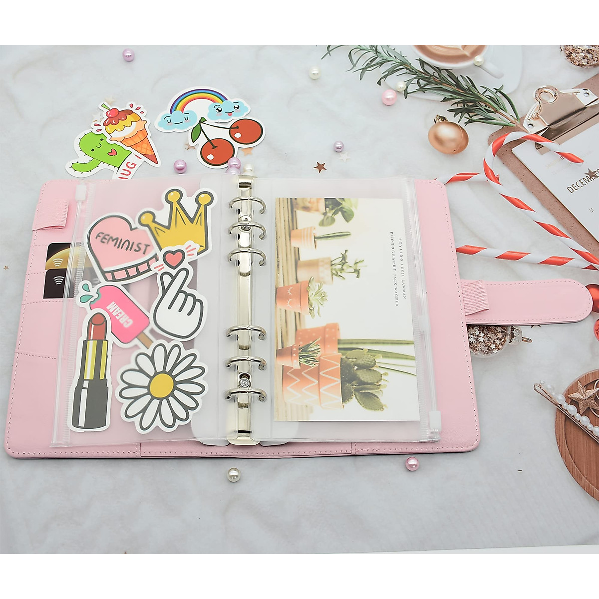 Twavang 15 PCS A6 Binder Pockets with PU Leather Notebook Binder Cover Refillable 6 Round Ring Binder Set for Personal Planner Organizer, Budget Binder, Savings Binder (Light Pink)