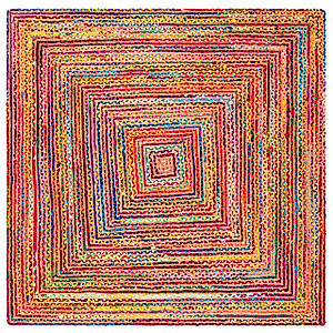 SAFAVIEH Cape Cod Collection 4' Square Red / Multi CAP202A Handmade Boho Braided Jute & Cotton Area Rug