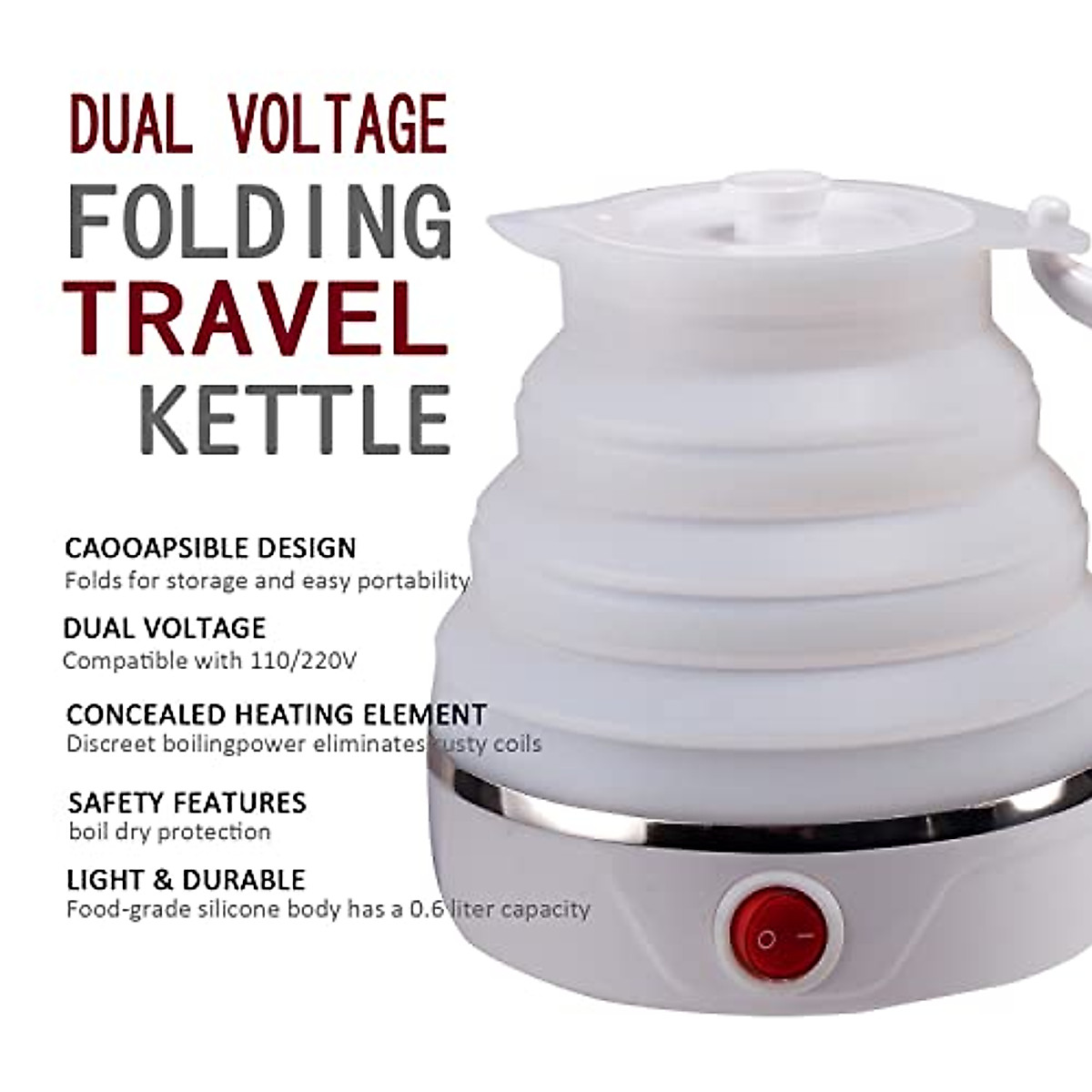 T-magitic Travel Kettle, Fordable Electric kettle, Collapsible Kettle Dual Voltage,boil water, with make tea coffee,Food Grade Silicone Small Electric Kettle（600ML,110V/220V ） (White)