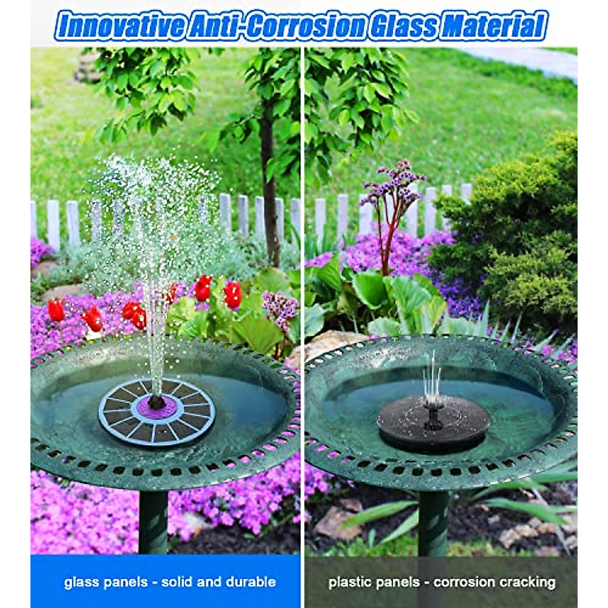 SZMP 3.5W Solar Powered Bird Bath Fountains with Flower 2023 Upgraded Glass Panel, 7 Nozzle & 4 Fixer, Solar Water Fountain Pump for Garden, Pond, Pool (Blue)