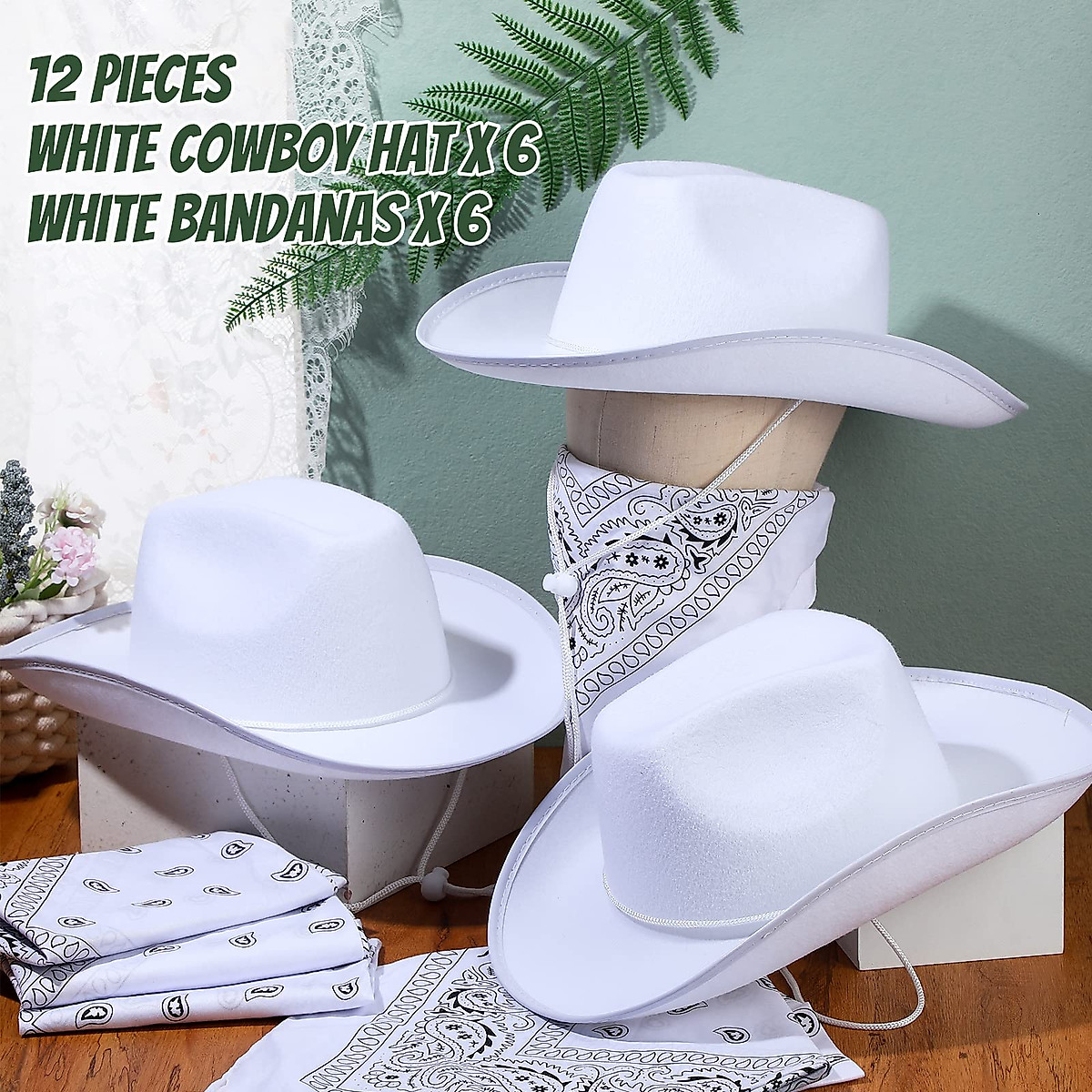 Coume 12 Pcs Adult Cowboy Hat for Women and Men Western Cowgirl Hats with Adjustable Drawstring and Cowboy Party Paisley Bandana(White), One Size