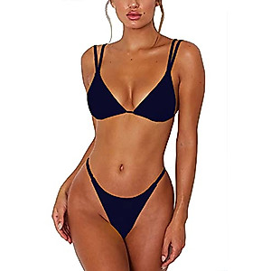 ForBeautyShe Women Black Bikini Set Solid Padded Push Up Triangle High Cut Thong Two Piece Swimsuit M