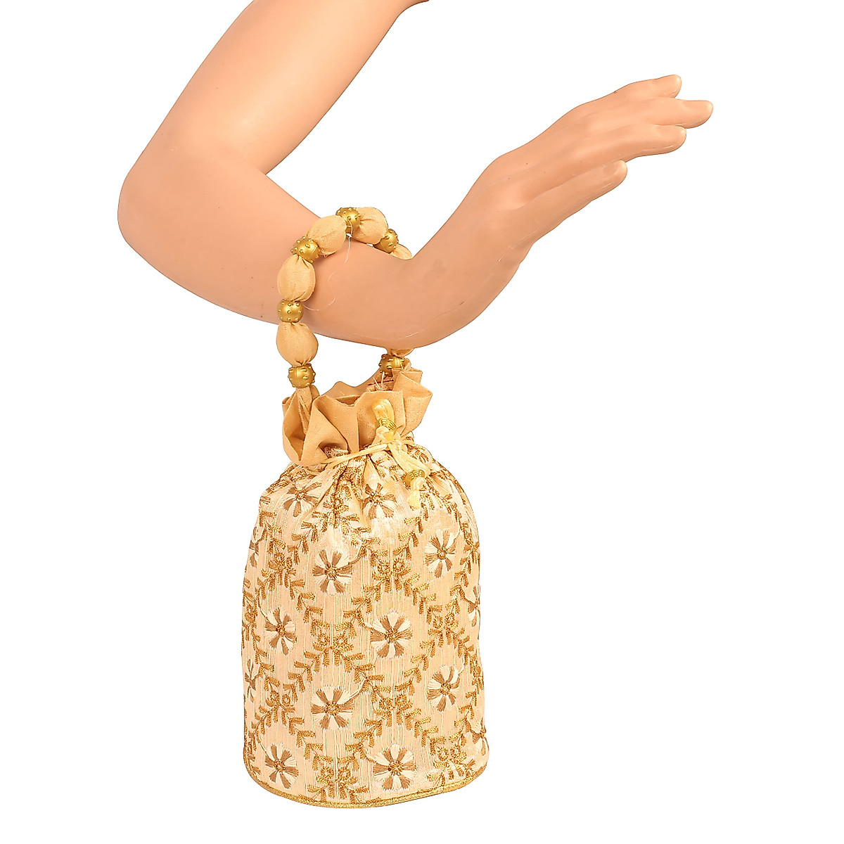 INDTRESOR beaded handcrafted embroidered evening purse drawstring handbag vintage party wedding gift for women. Cream Gold