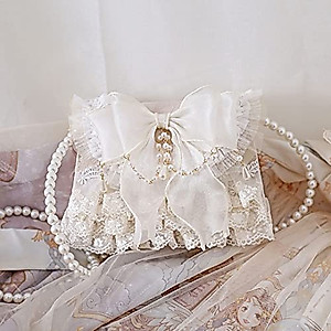 QZUnique Lolita Shoulder Bag, Handmade Crossbody Tote Bags with Lace Bow, Fashion Casual Handbags for Women, Stylish Purse with Pearl Shoulder Straps