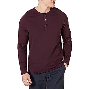 Amazon Essentials Men's Slim-Fit Long-Sleeve Henley Shirt, Burgundy, Large