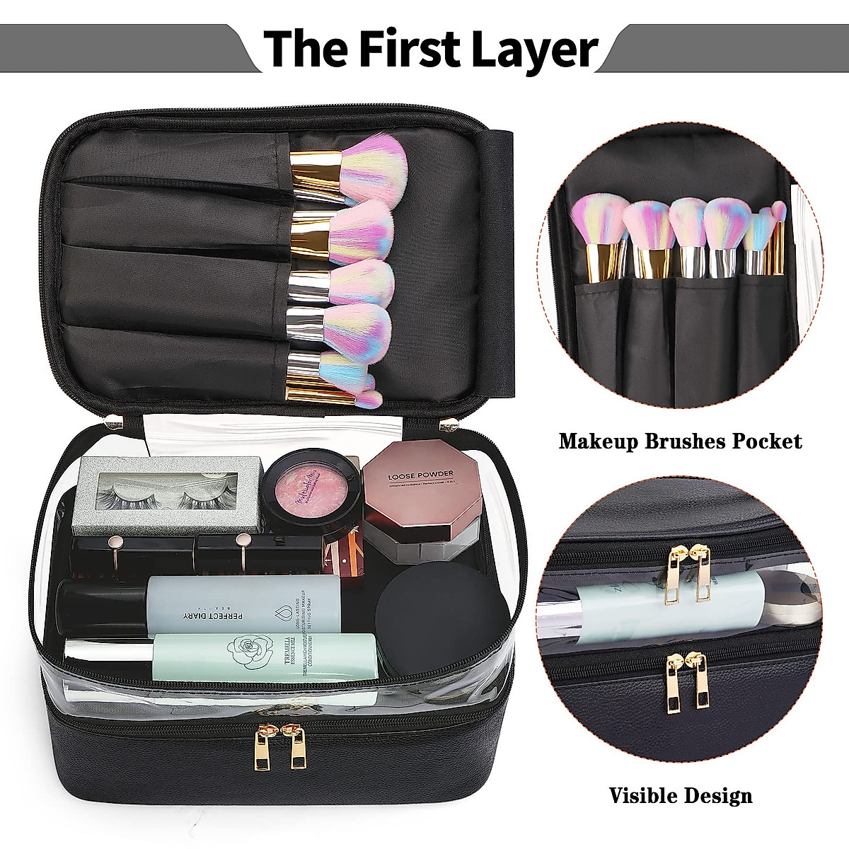 MAGEFY 2 PCS Travel Cosmetic Bags Leather Double Layer Organizer Clear Toiletry Bag Black Makeup Bags for Women Gifts with Adjustable Dividers