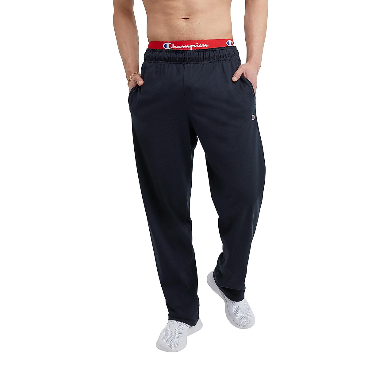 Champion Men's Everyday Open Hem Cotton Pants, 32.5" Inseam, Cotton Knit Pants Left Hip "C" Logo, Open Hem Jersey Pants