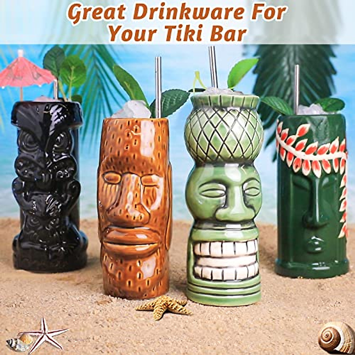 Tiki Mugs Cocktail Set of 4 - Large Ceramic Hawaiian Party Mugs Drinkware, Cute Exotic Cocktail Glasses, Tiki Bar Professional Hawaiian Party Barware, TKSET0012 (4 pack)