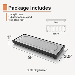 Authumberdale Instant Dry Sink Caddy Organizers, Sponge Holder for Kitchen Sink Counter, Water Absorbing Stone Drying Mat Rack, Soap Dish for Bathroom Countertop, Black Acrylic Tray with Grey Stone