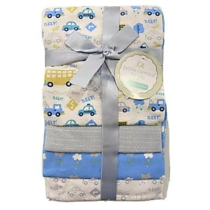 Petite L'amour - 4 Pack Flannel Receiving Blankets - Boys - Cars Trucks Beep, Blue, 28 x 28 inch