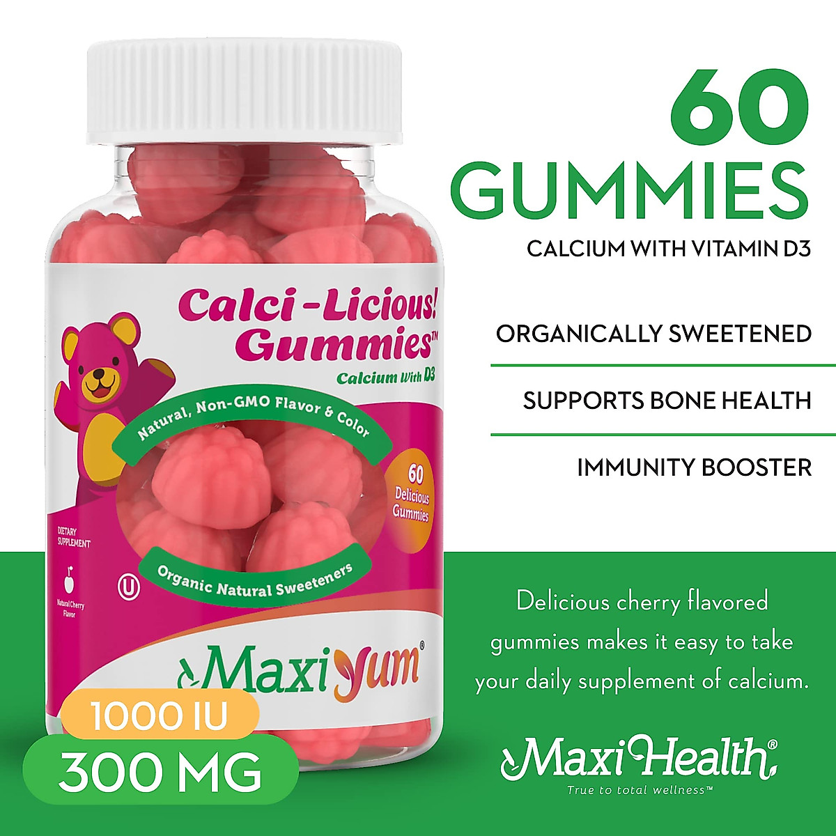 Maxi Health - Calcium Gummies with Vitamin D3 (60 Count) - 300 mg Coral Calcium & 1000 IU Vitamin D Gummy - Chewable Kosher Calcium D3 Gummies for Adults, Women, Men & Kids - Calcium Chews Supplement