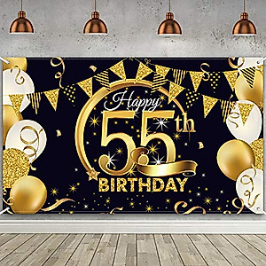 Birthday Party Decoration Extra Large Fabric Black Gold Sign Poster for Anniversary Photo Booth Backdrop Background Banner, Birthday Party Supplies,72.8 x 43.3 Inch (55th)