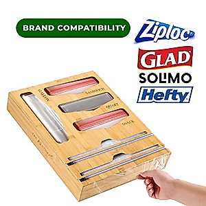 THE AJ STORE Storage Bag Organizer: 6-in-1 Bamboo Slider Bag Dispenser for Kitchen Drawer with Aluminum Foil and Wrap Cutter, Compatible with Ziploc Hefty Glad Solimo - Gallon Quart Sandwich Snack
