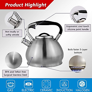 Whistling Tea Kettles Stovetop with Boils Faster Bottom,Surgical Brushed Stainless Steel Finish Whistling Teapot, 3 Quart,1YR Warranty, 1 Tea Maker Infuser Included by Kmatee